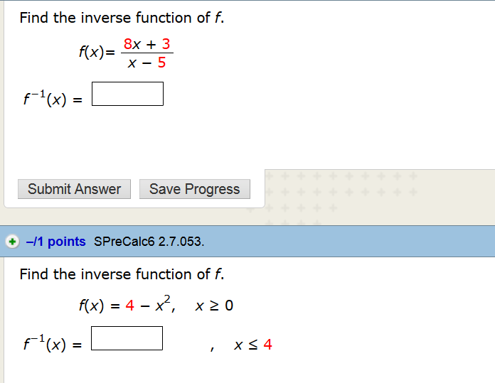 Solved Find the inverse function of f. f(x) = 7 - 3x3 | Chegg.com Solved Find the inverse function of f. f(x) = 7 - 3x3 | Chegg.com