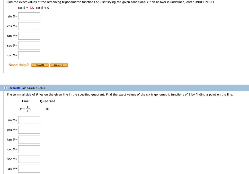 Solved Find the exact values of the remaining trigonometric | Chegg.com