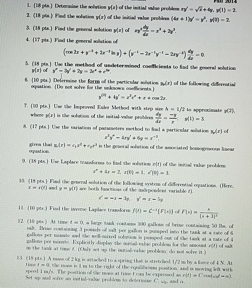 Solved Pall 2014 1. (18 pts.) Determine the solution g(x) of | Chegg.com