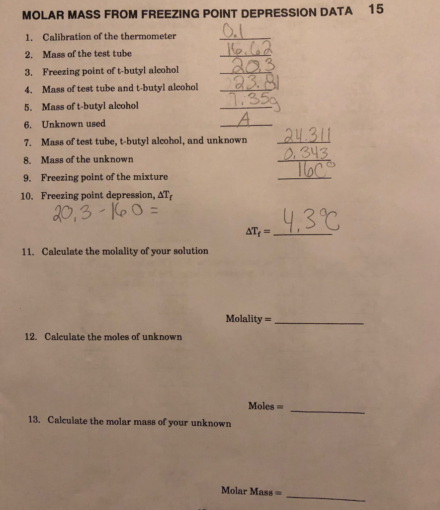 Solved 15 MOLAR MASS FROM FREEZING POINT DEPRESSION DATA 1. | Chegg.com
