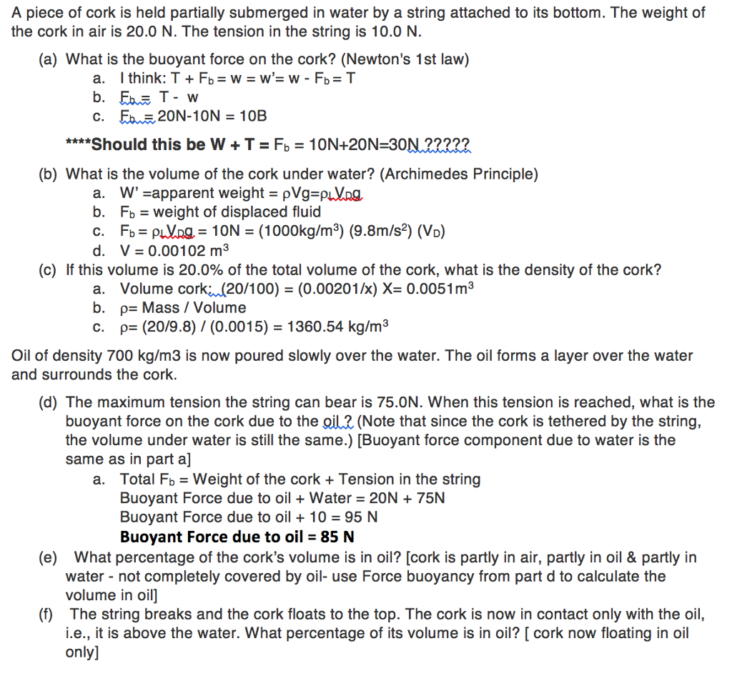 Solved A piece of cork is held partially submerged in water | Chegg.com