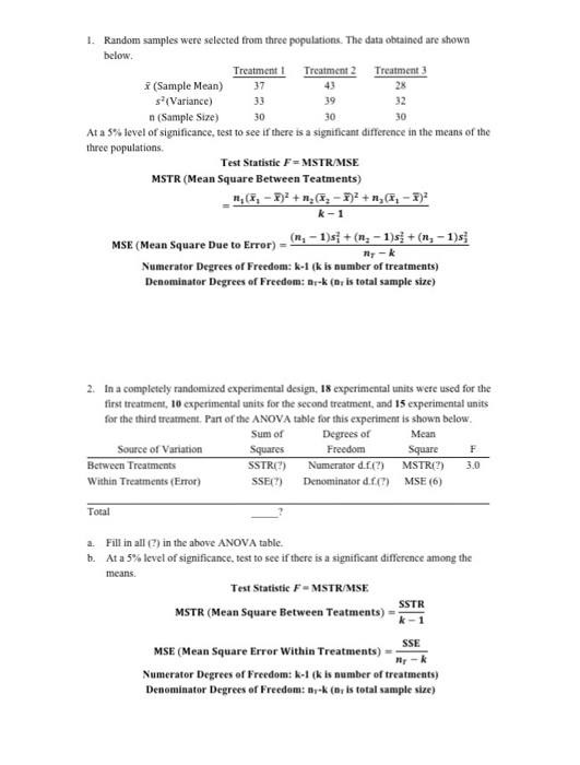 Solved Random samples were selected from three populations | Chegg.com