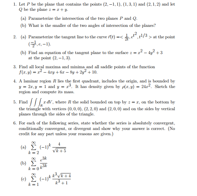 Solved Let P be the plane that contains the points (2, -1, | Chegg.com