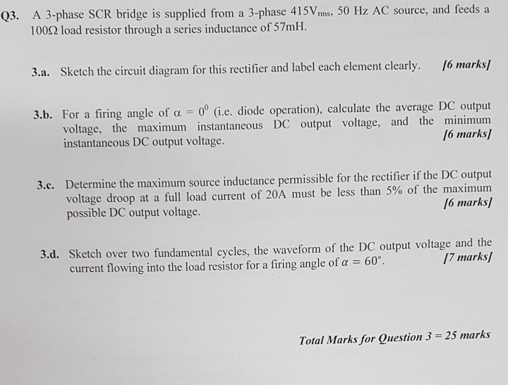 Solved A 3-phase SCR bridge is supplied from a 3-phase 415 | Chegg.com