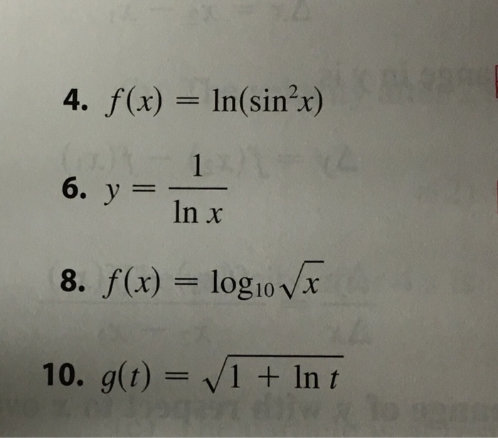 Solved f(x) = ln (sin^2 x) y = 1/ln x f(x) = log_10 | Chegg.com