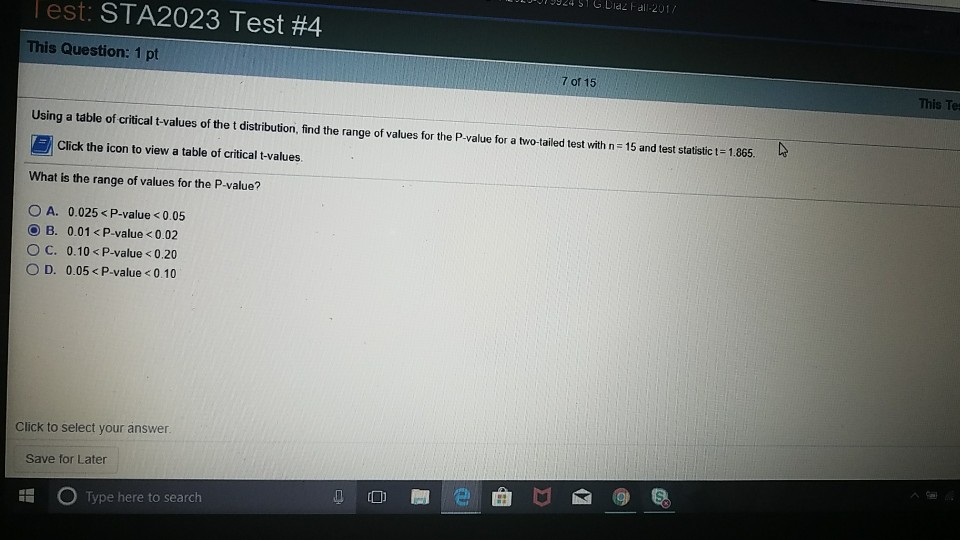 Solved I est: STA2023 Test #4 This Question: 1 pt 7 of 15 | Chegg.com