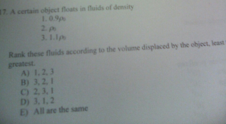Solved 17. A certain object floats in fluids of density 1. | Chegg.com