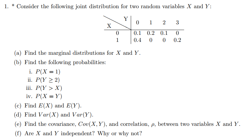 Solved 1. * Consider the following joint distribution for | Chegg.com