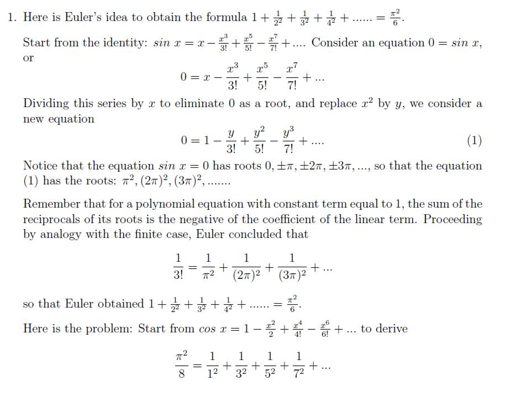 Solved Here is Euler's idea to obtain the formula 1 + 1/2^2 | Chegg.com