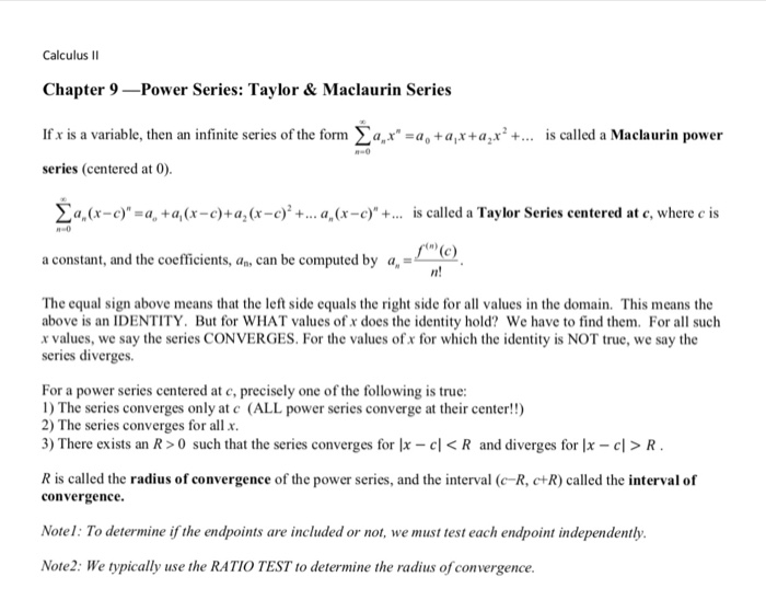 Solved Calculus II Chapter 9 Power Series: Taylor & | Chegg.com