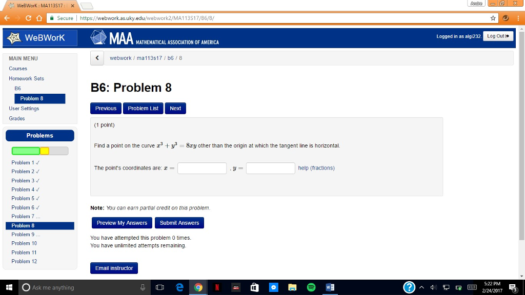 Solved WeBWork MA113S17 Secure h ps://w ebworkas.uky.edu | Chegg.com