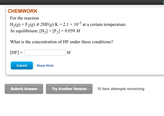 Solved CHEMWORK For the reaction H2(g) + F2(g) At | Chegg.com