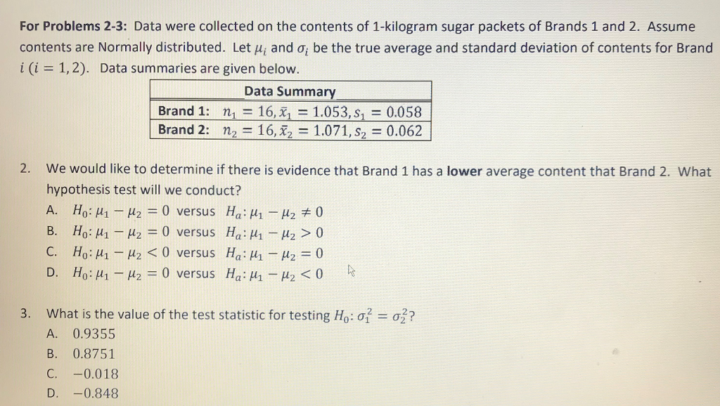 Solved For Problems 2-3: Data were collected on the contents | Chegg.com