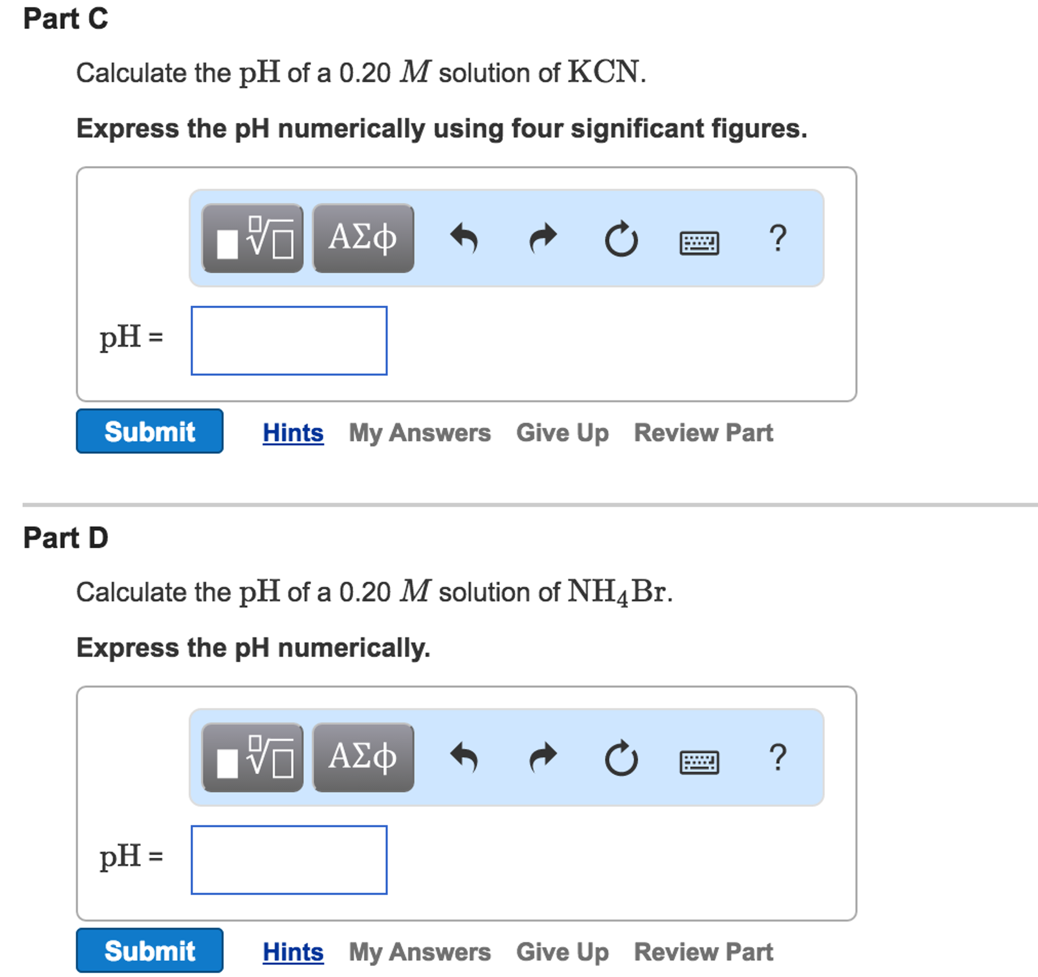 Solved Calculate the pH of a 0.20 M solution of KCN. | Chegg.com