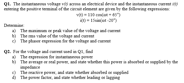 Solved The instantaneous voltage v(t) across an electrical | Chegg.com