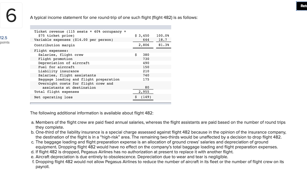 Solved Ret 6 A typical income statement for one round-trip | Chegg.com