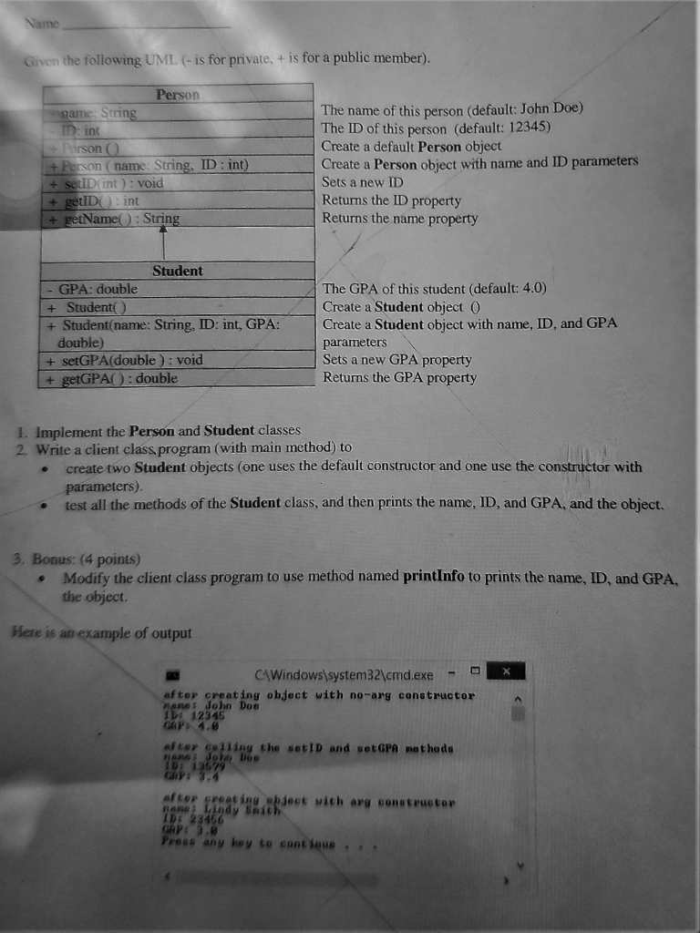 Solved Given the following UML (- is for private, + is for a | Chegg.com