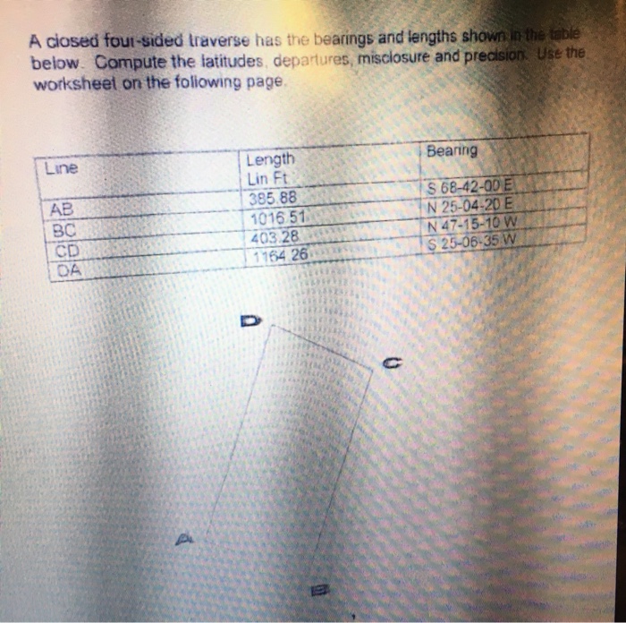 Solved A closed four-sided traverse has the bearings and | Chegg.com