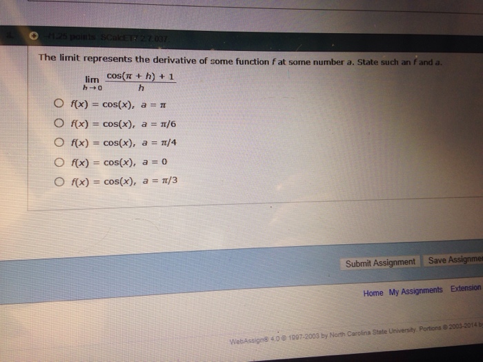 Solved The limit represents the derivative of some function | Chegg.com