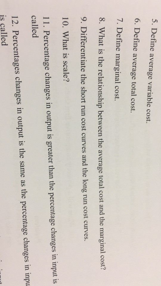 Solved 5. Define average variable cost. 6. Define average | Chegg.com