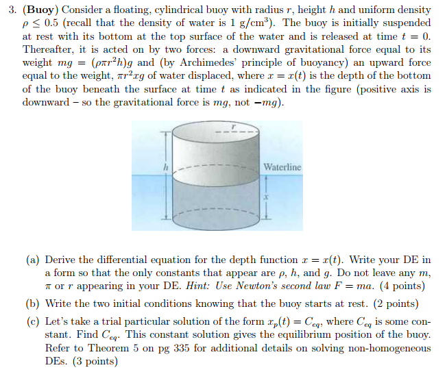 Solved 3. (Buoy) Consider a floating, cylindrical buoy with | Chegg.com