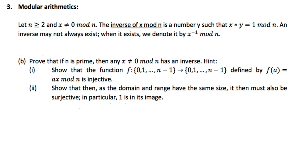 Solved Let n > 2 and x 0 mod n. The inverse of x mod n is a | Chegg.com