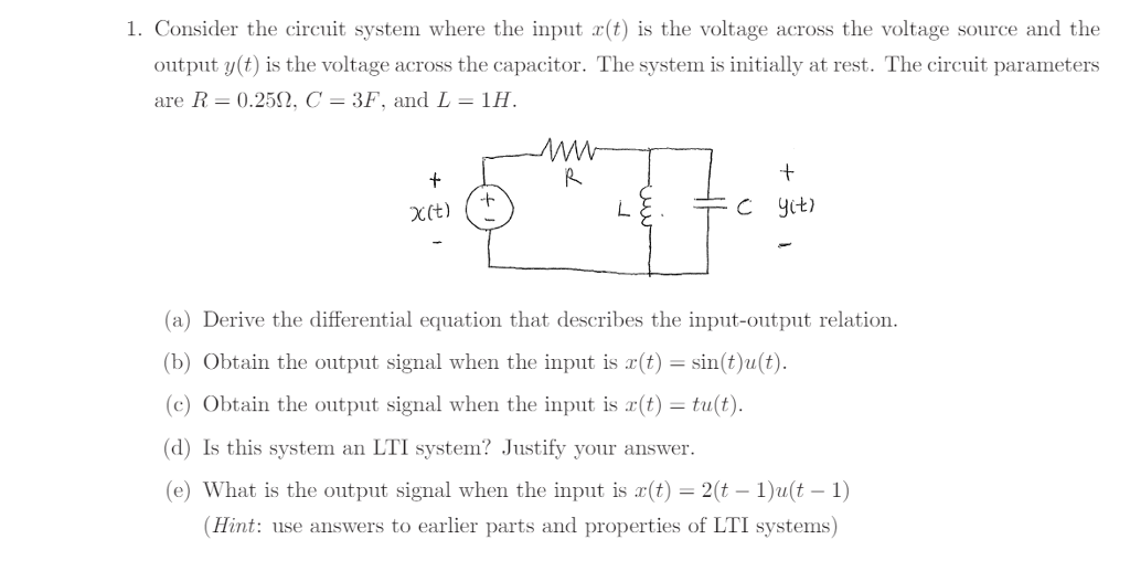 Solved Consider the circuit system where the input x(t) is | Chegg.com
