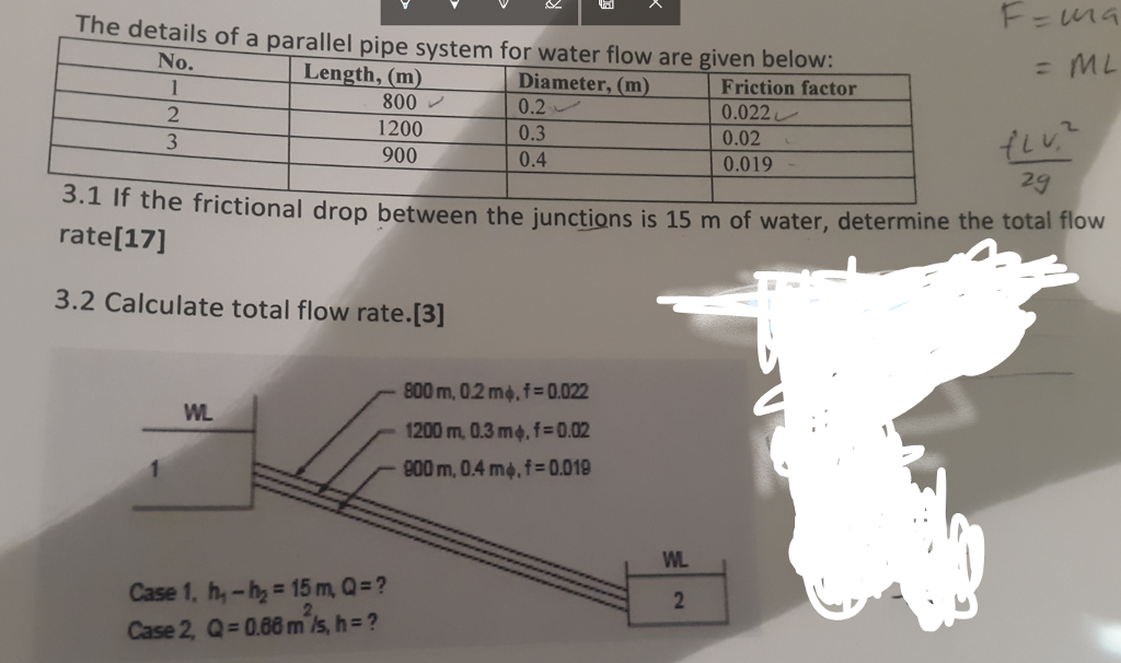Solved The details of a parallel pipe system for water flow | Chegg.com