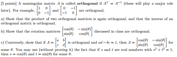 Solved A nonsingular matrix A is called orthogonal if A^T = | Chegg.com