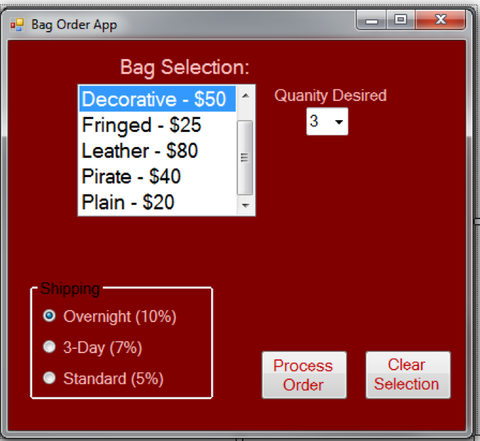 Create an order form that allows bags to be | Chegg.com