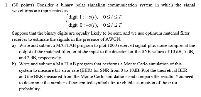 1. (30 points) Consider a binary polar signaling | Chegg.com