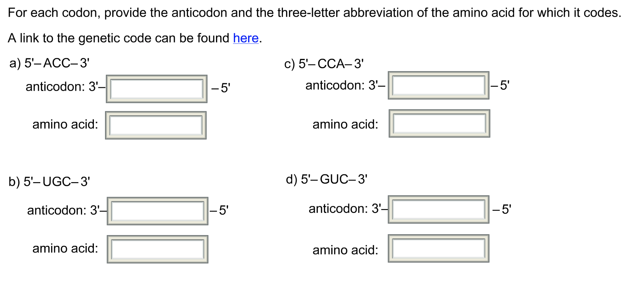 Solved For each codon, provide the anticodon and the | Chegg.com