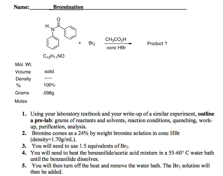 Solved Name: Bromination CH3CO2H Product? conc HBr C13H11NO | Chegg.com