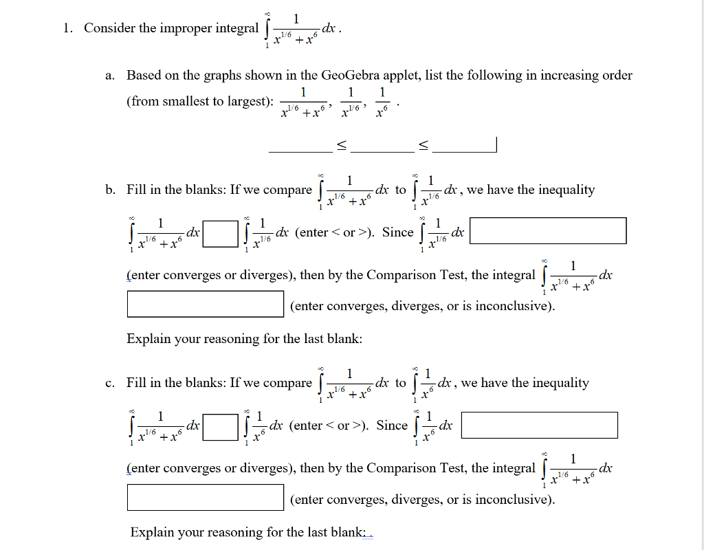 Solved Consider The Improper Integral Integral Infinity 1