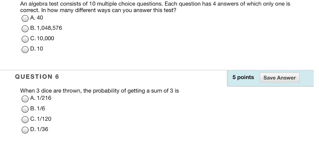 Solved An algebra test consists of 10 multiple choice | Chegg.com