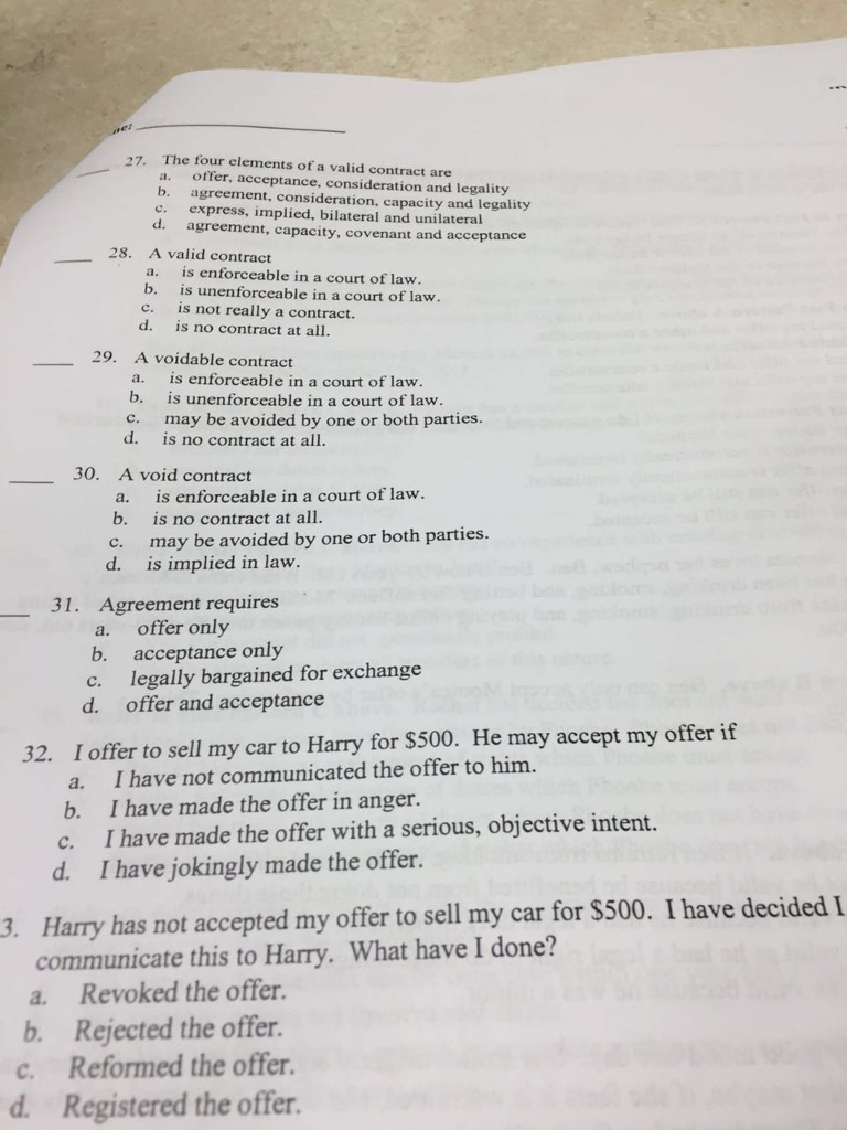 Solved 27. The four elements of a valid contract are a. | Chegg.com