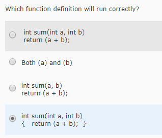 Solved Which function definition will run correctly? int sum | Chegg.com