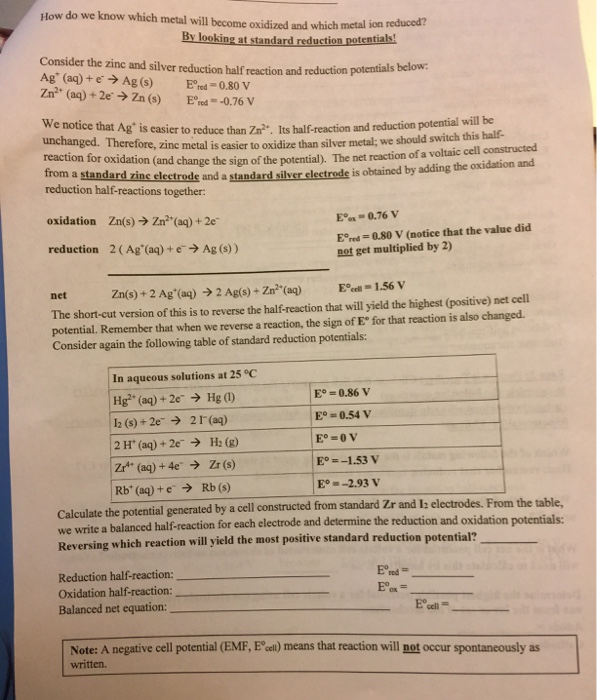 Solved How do we know which metal will become oxidized and | Chegg.com