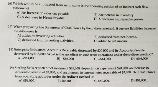 Solved 16) Which would be subtracted from net income in the | Chegg.com