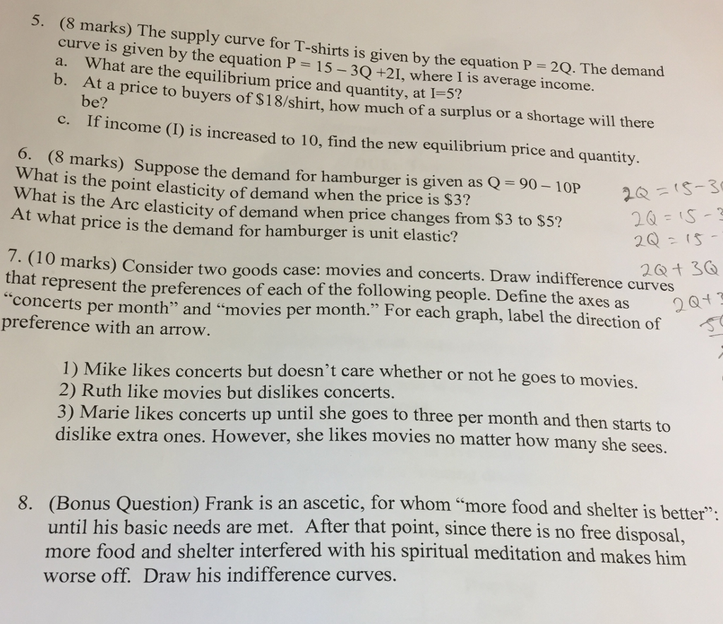 Solved 5 8 Marks The Supply Curve For T shirts Is Given Chegg