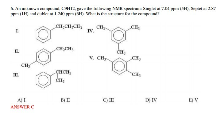 Solved 6. An unknown compound, C9H12, gave the following NMR | Chegg.com
