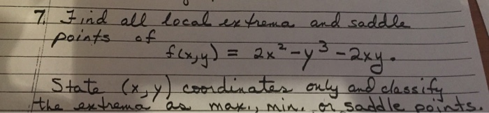 Solved Find all local extrema and saddle points of f(x,y) = | Chegg.com