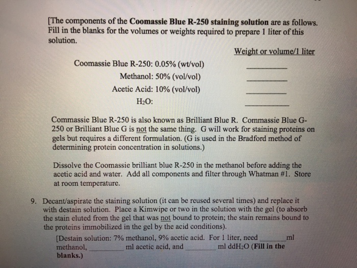 Solved [The components of the Coomassie Blue R-250 staining | Chegg.com