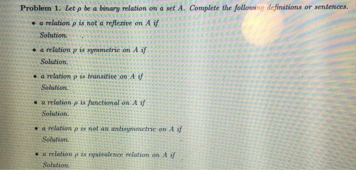 Solved Let rho be a binary relation on a set A. Complete the | Chegg.com