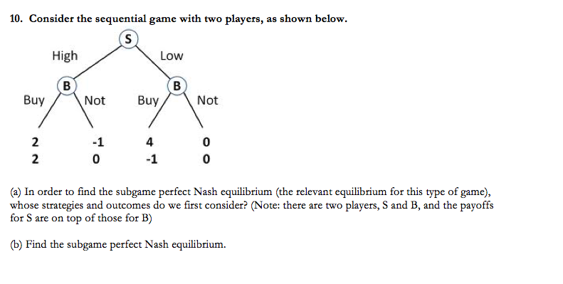 Solved 10. Consider the sequential game with two players, as | Chegg.com
