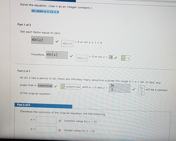 Solved Solve the equation, (Use n as an Integer constant.) | Chegg.com