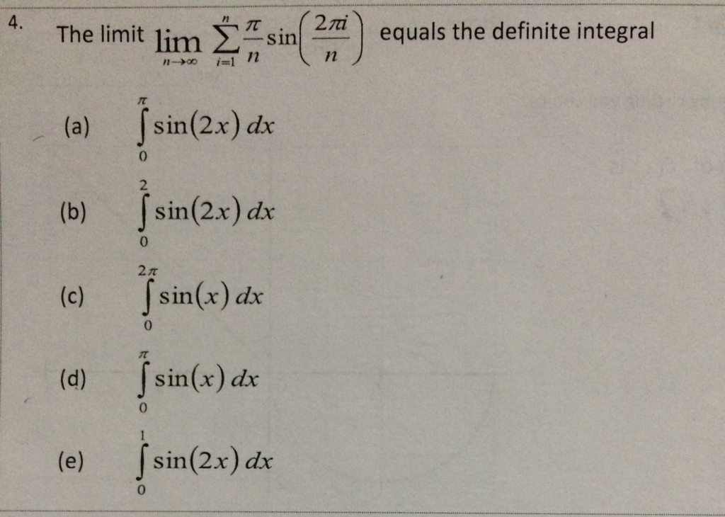 Solved The limit lim y-sin( 2m ) equals the definite | Chegg.com