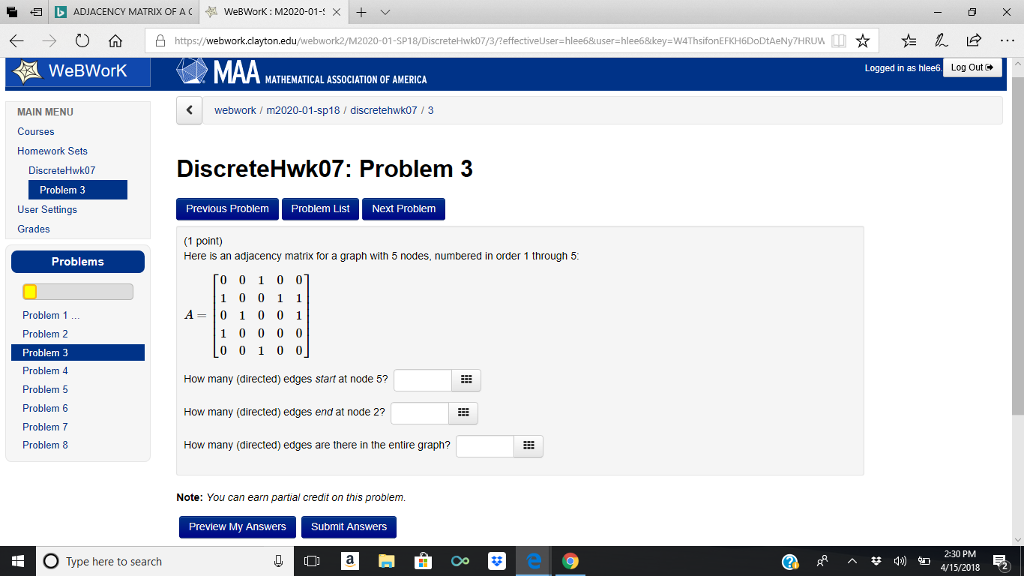 Solved ? ADJACENCY MATRIX OF A ( gl WeBWorK : M2020-01-X + | Chegg.com