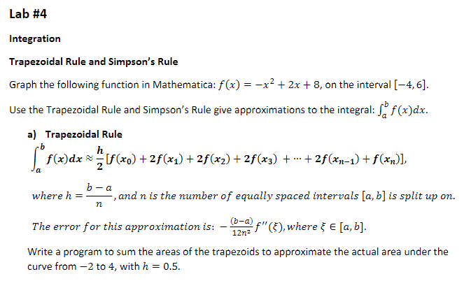 Lab #4 Integration Trapezoidal Rule and Simpson's | Chegg.com