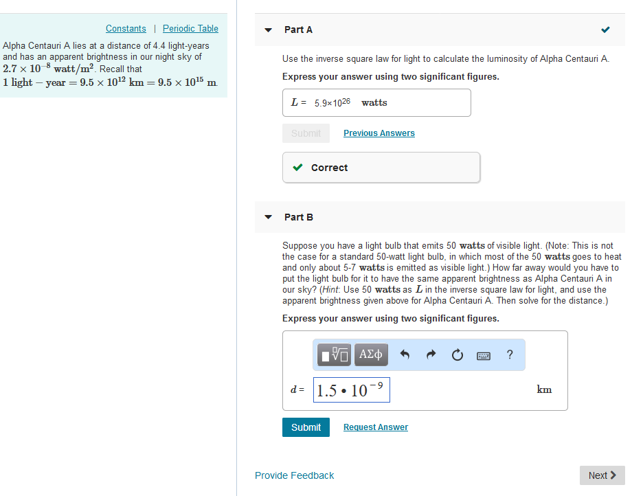 Solved Constants Periodic Table Part A Alpha Centauri A lies | Chegg.com